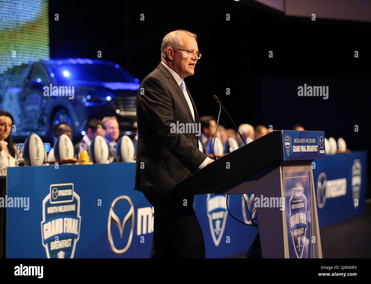 Prime Minister Scott Morrison speaks during the North Melbourne AFL ...