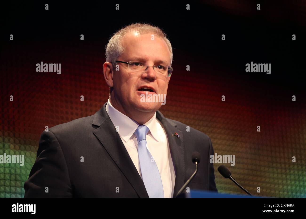 Prime Minister Scott Morrison speaks during the North Melbourne AFL ...