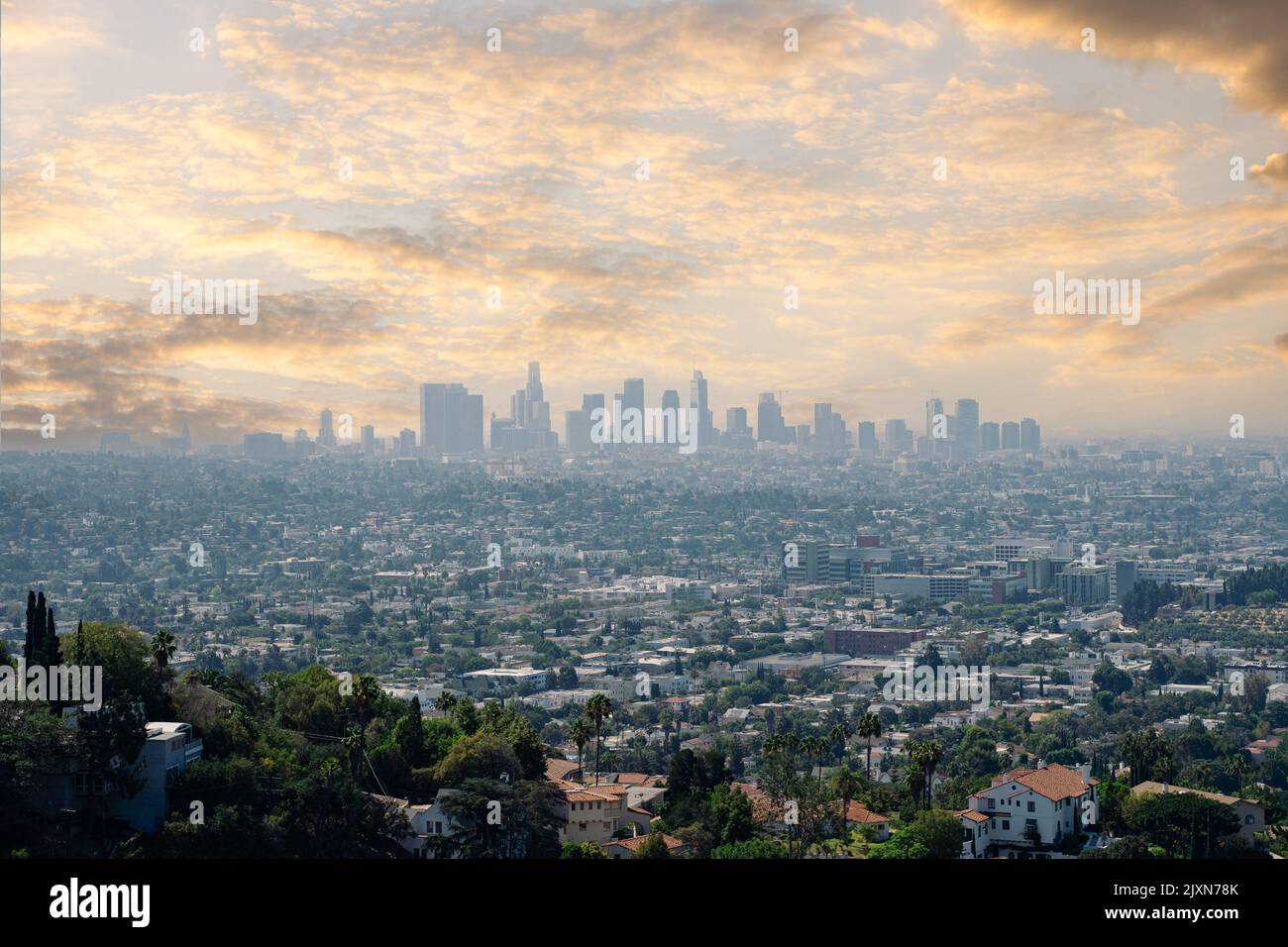 Beautiful Los Angeles California downtown skyline epic blue and yellow ...