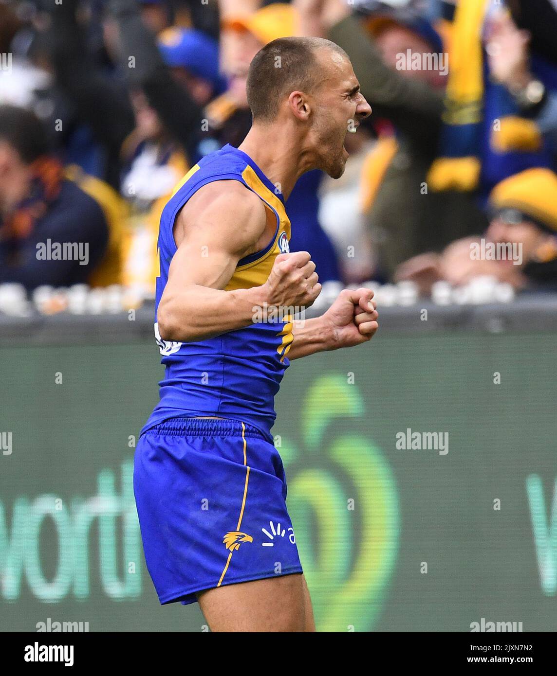 Dom Sheed of the Eagles reacts after kicking the winning goal during ...