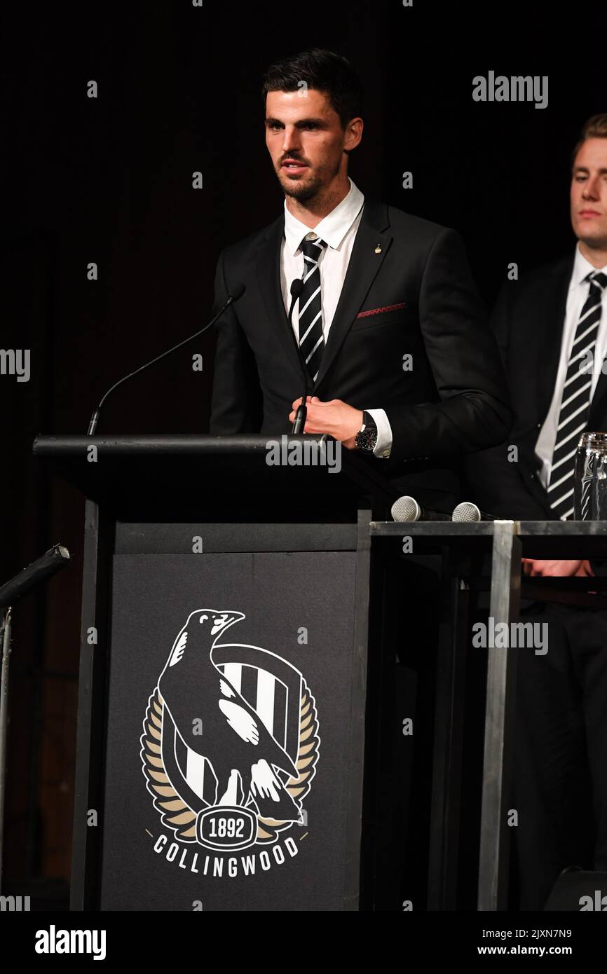 Collingwood Captain Scott Pendlebury addresses the crowd at the club's ...