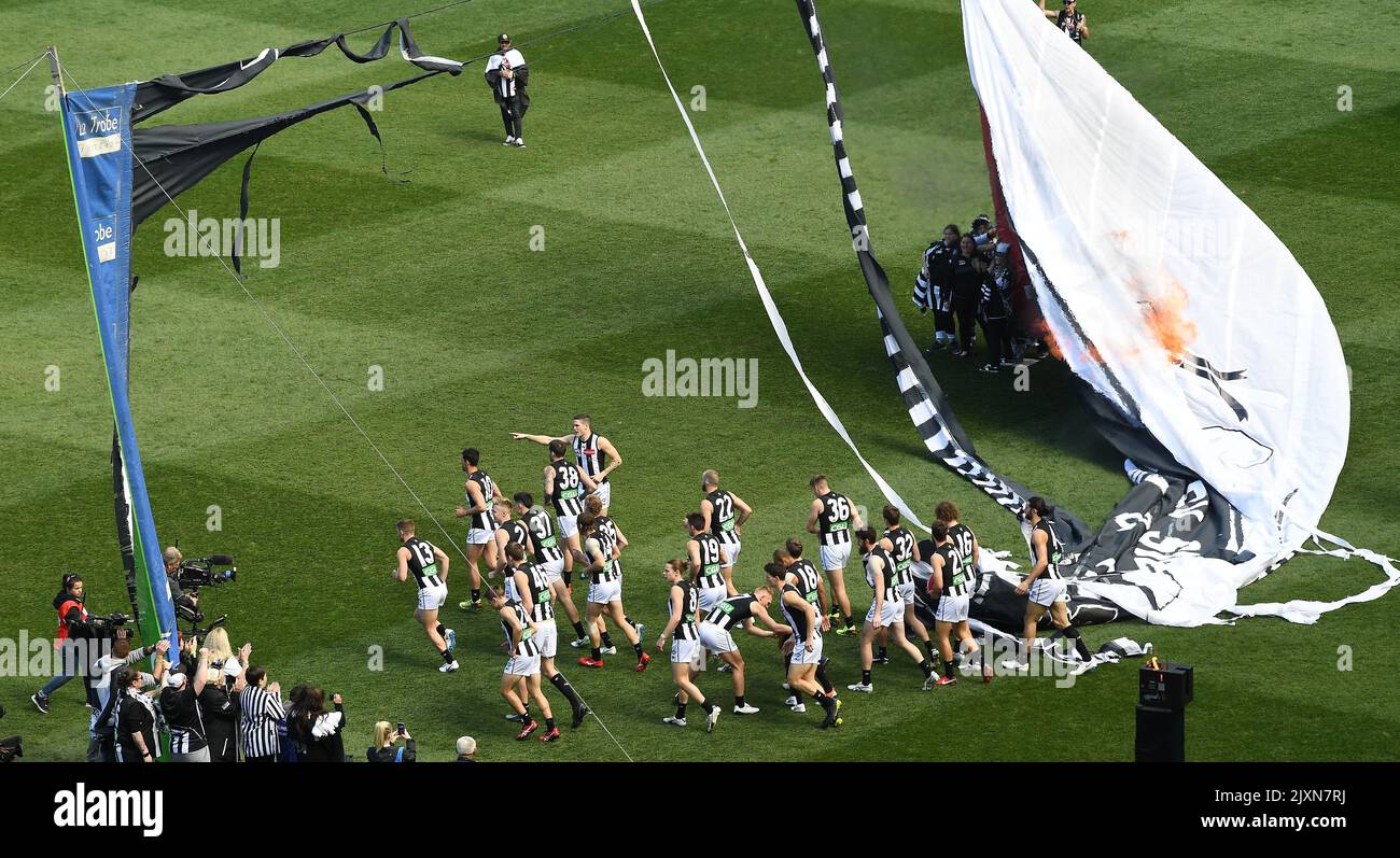 The Magpies banner is seen after breaking before the 2018 AFL Grand ...