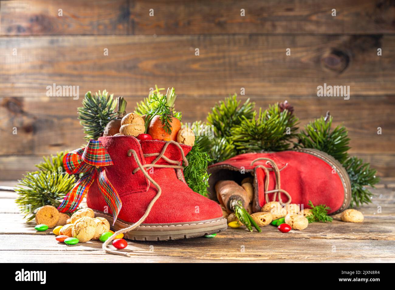 Sinterklaas, Saint Nicholas day background. Little kid red shoe with ...