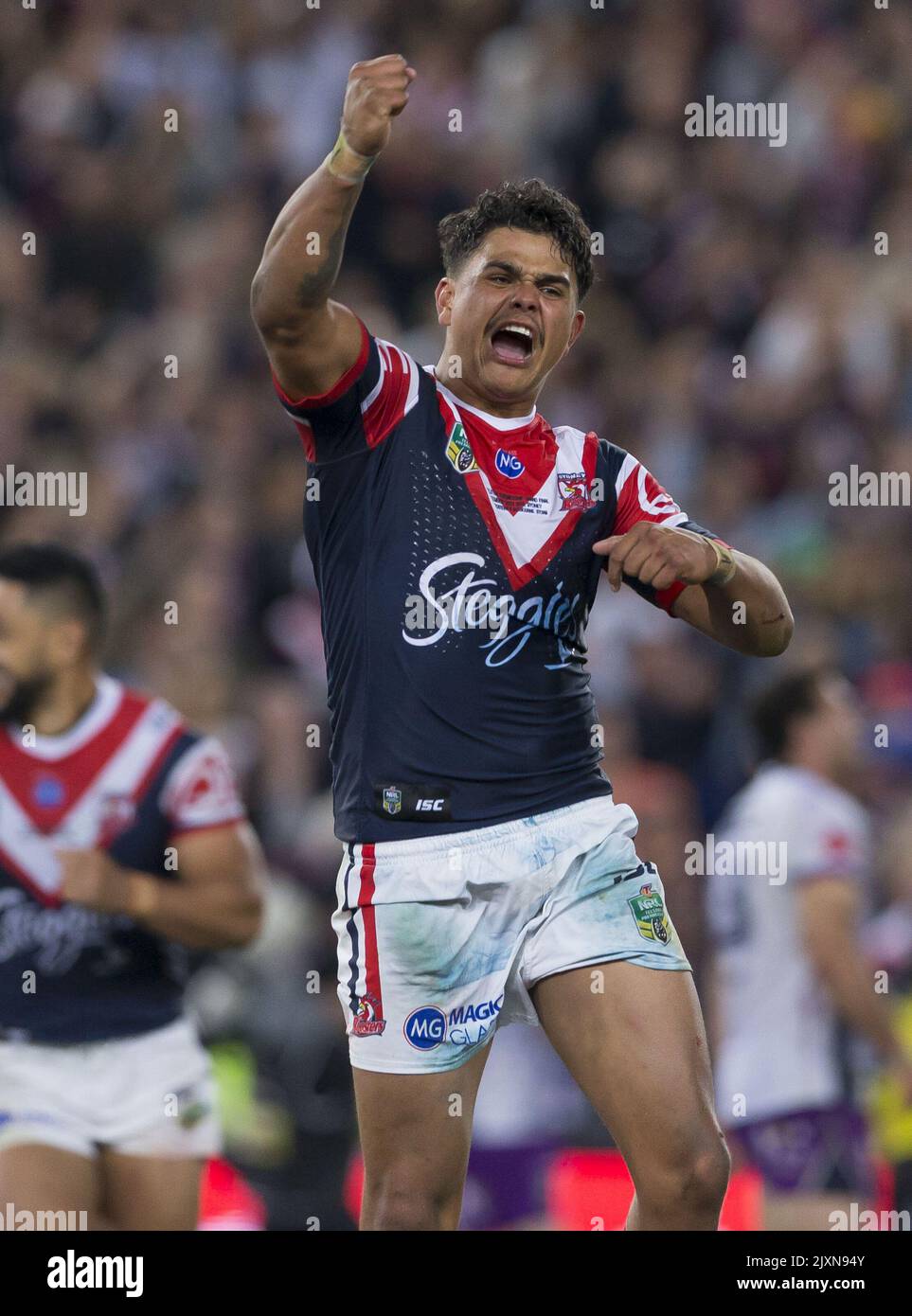 Latrell Mitchell of the Roosters celebrates at full time of the 2018 ...