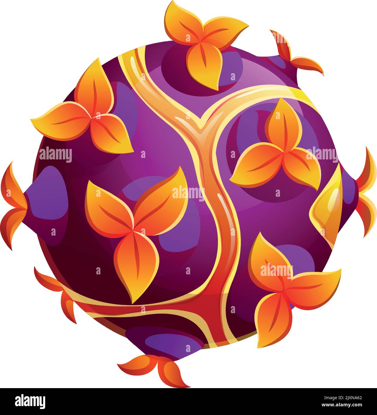 Fantasy planet with golden floral leaves. Cartoon magic universe Stock ...