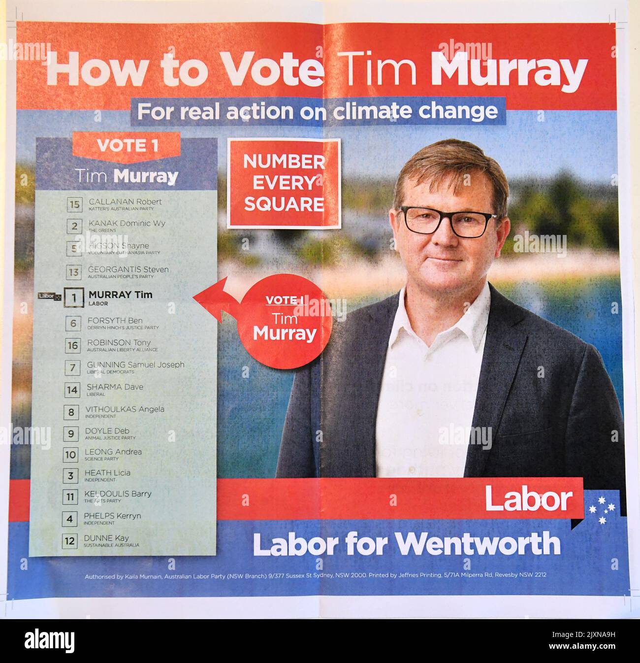 Labor candidate for Wentworth Tim Murray's how-to-vote pamphlet is seen ...