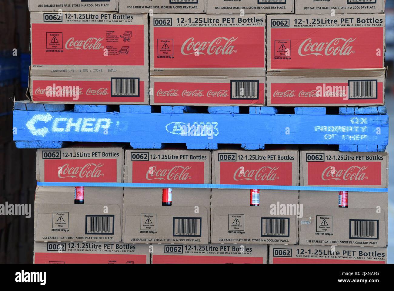 Boxes of Coca-Cola bottles are seen on a Chep pallet at Coca Cola ...