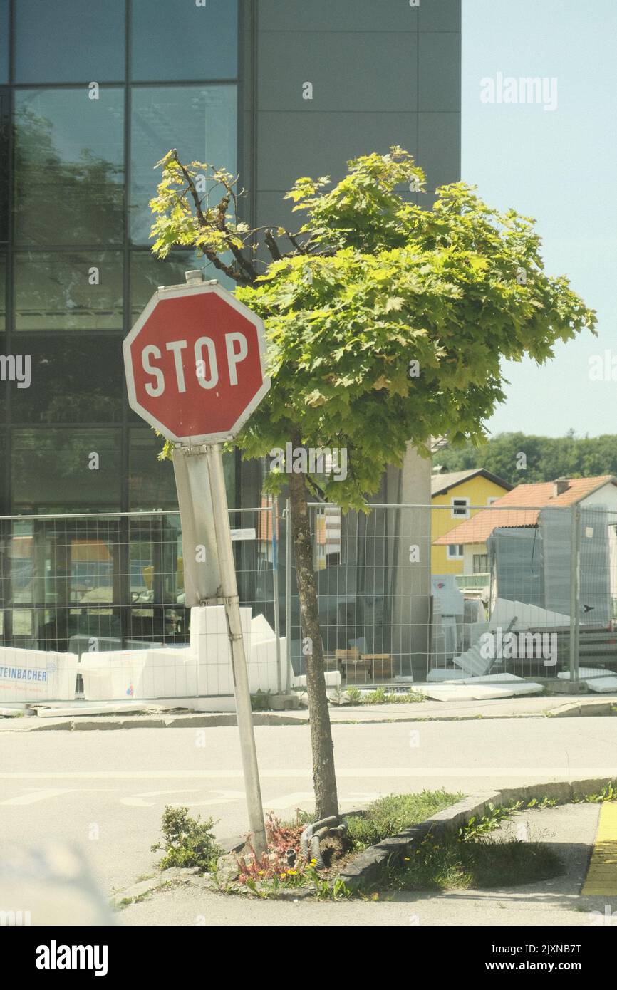 A vertical shot of a traffic STOP sign on the side of a street Stock ...
