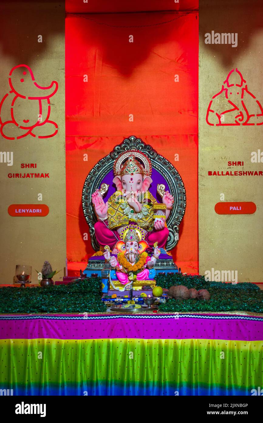 A beautiful idol of Lord Ganesha being worshipped at a mandal in Mumbai ...