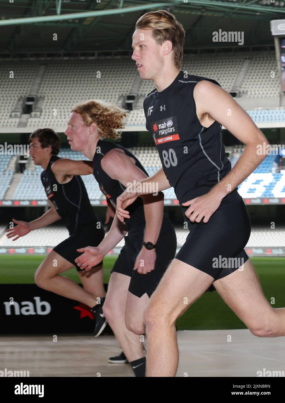 Woodville West Torrens' Jack Lukosius (right) during the 2018 AFL Draft ...