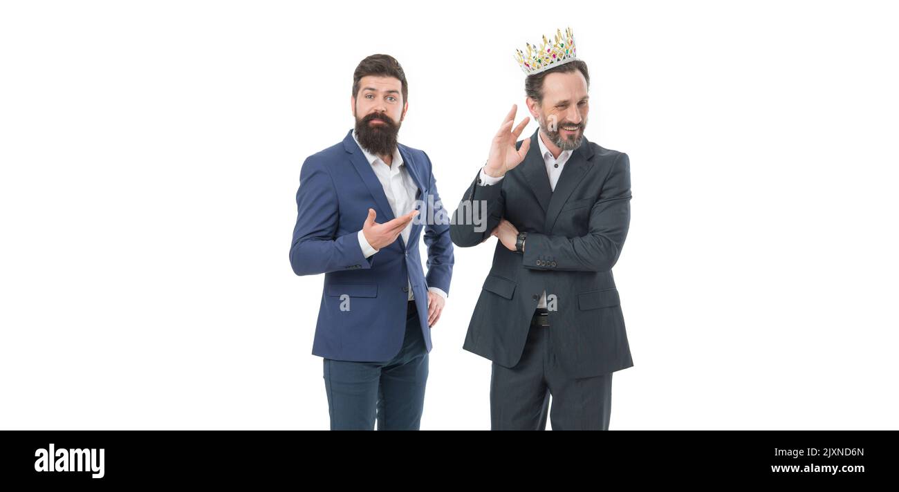 Dont touch my crown. Big boss wear crown isolated on white. Mature man ... Dont touch my crown. Big boss wear crown isolated on white. Mature man ...