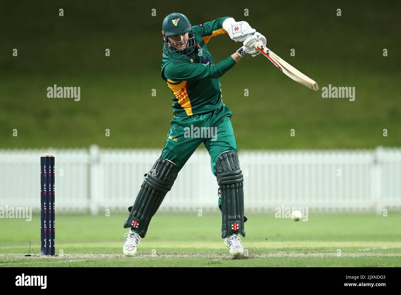 George Bailey of Tasmania plays a cover drive during the JLT One-Day ...