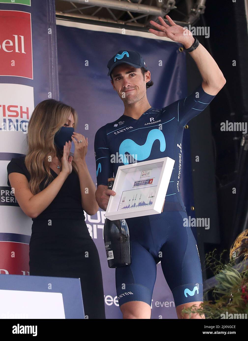 Stage winner Movistar Team’s Gonzalo Serrano on the podium after stage ...