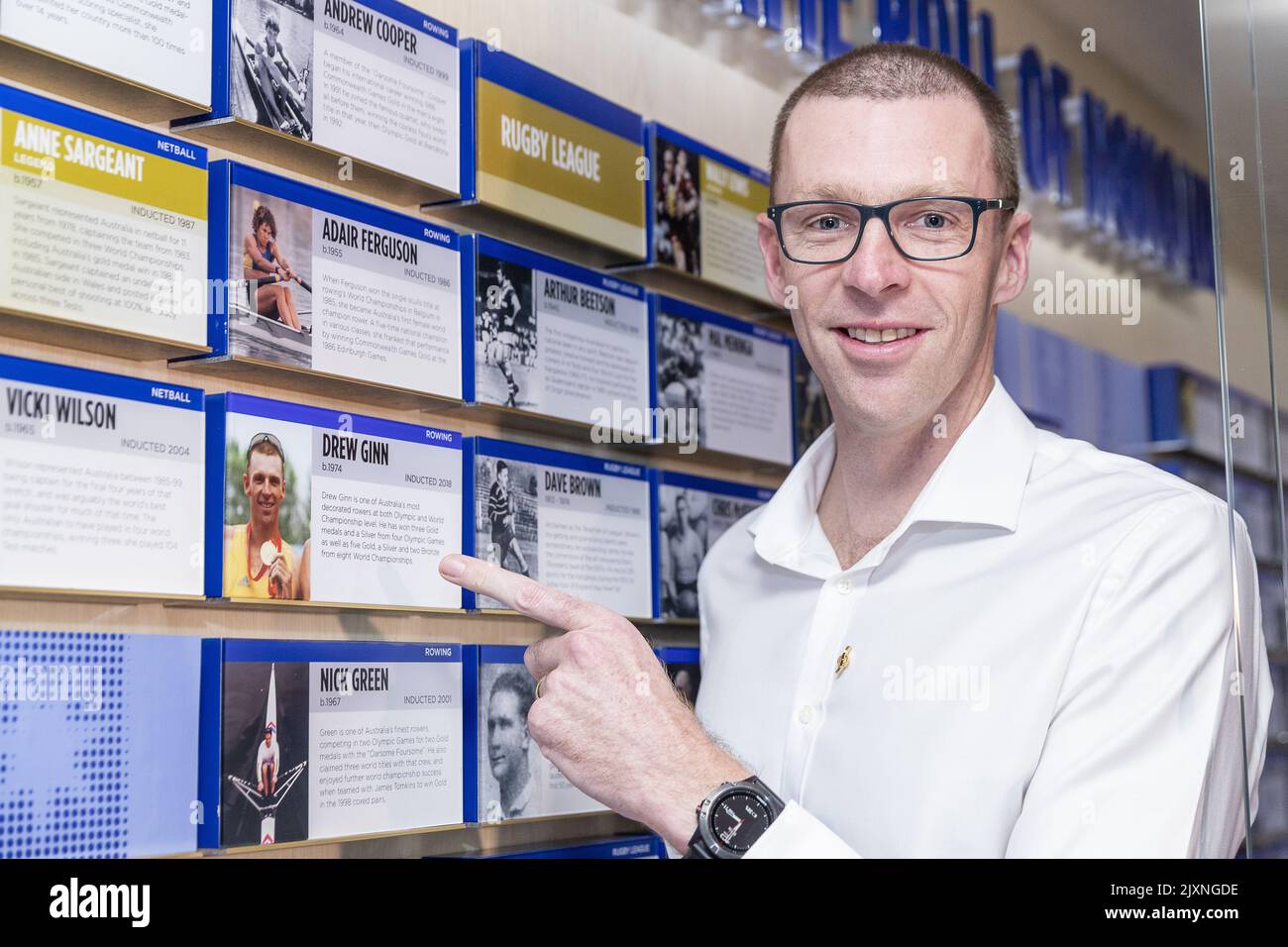 Drew Ginn poses for a photograph with his plaque during the 2018 Sport ...