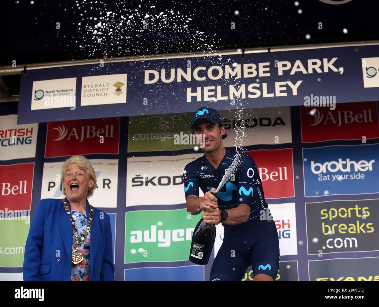 Stage winner Movistar Team’s Gonzalo Serrano on the podium after stage ...