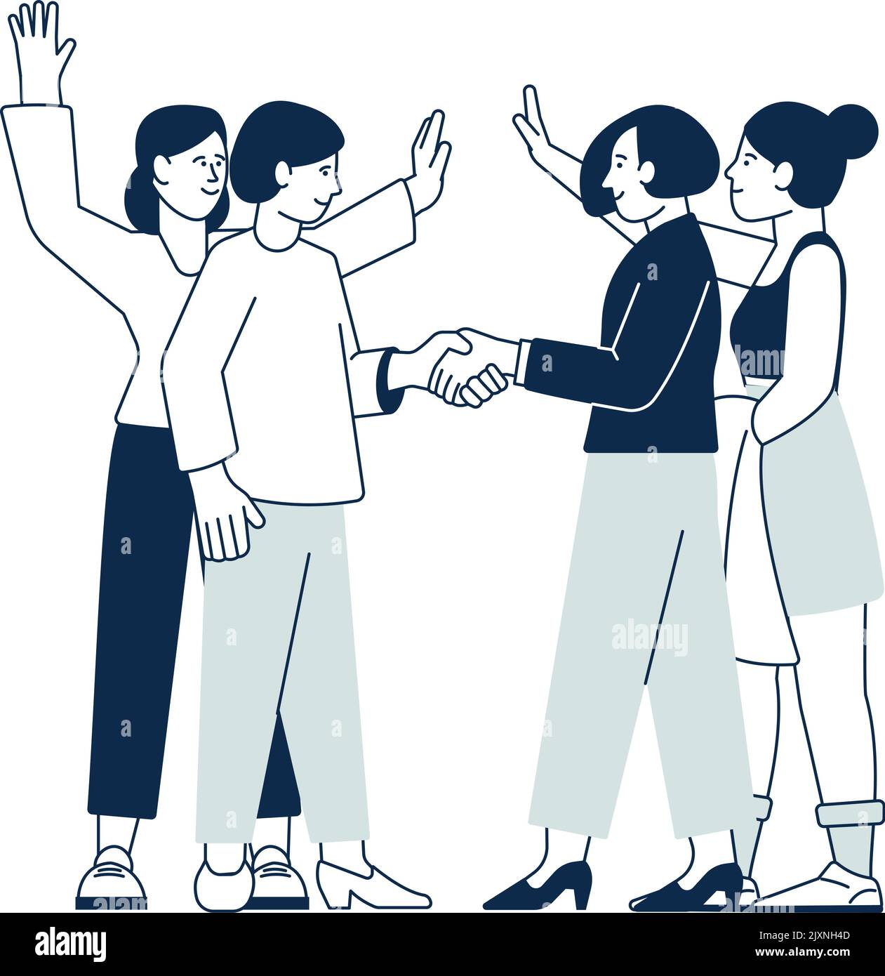 Women meeting and greeting each other with friendly gestures Stock ...