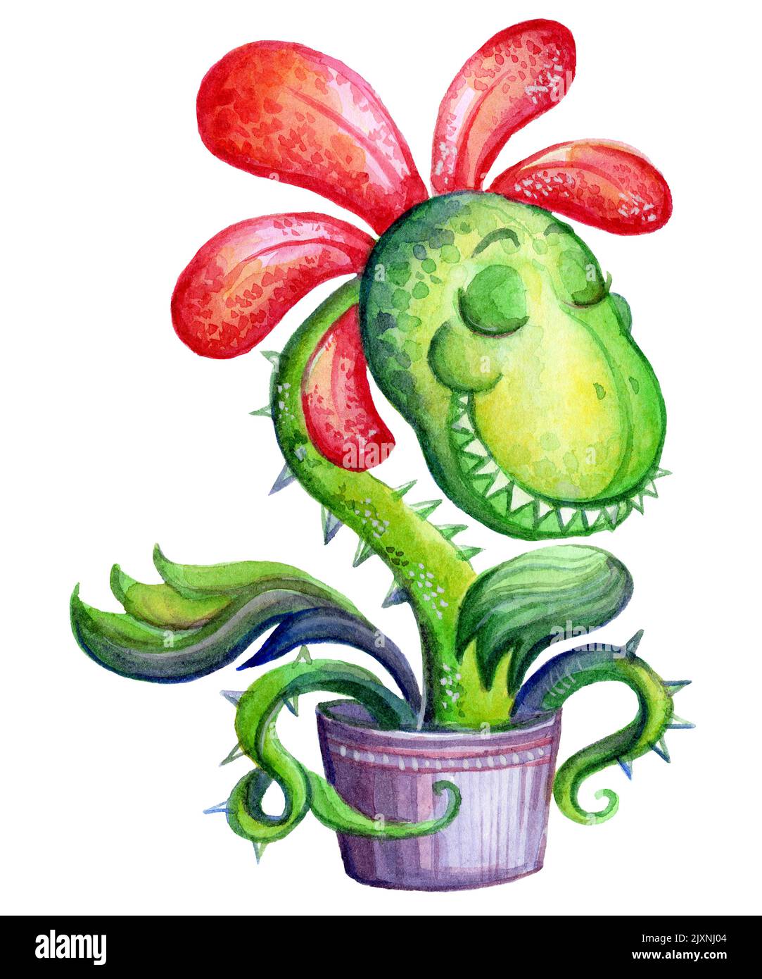 Watercolor illustration of cute and scary Halloween predator plant ...