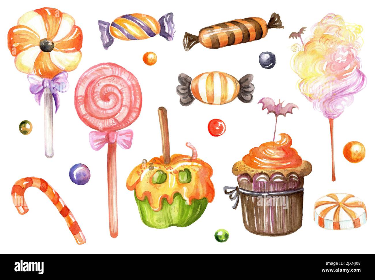 Watercolor illustration set of different fantasy candy and Halloween ...