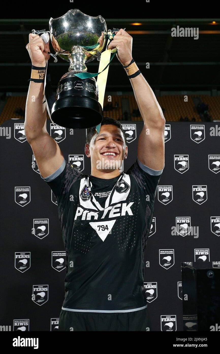 New Zealand captain Dallin Watene Zelezniak holds up the cup after ...