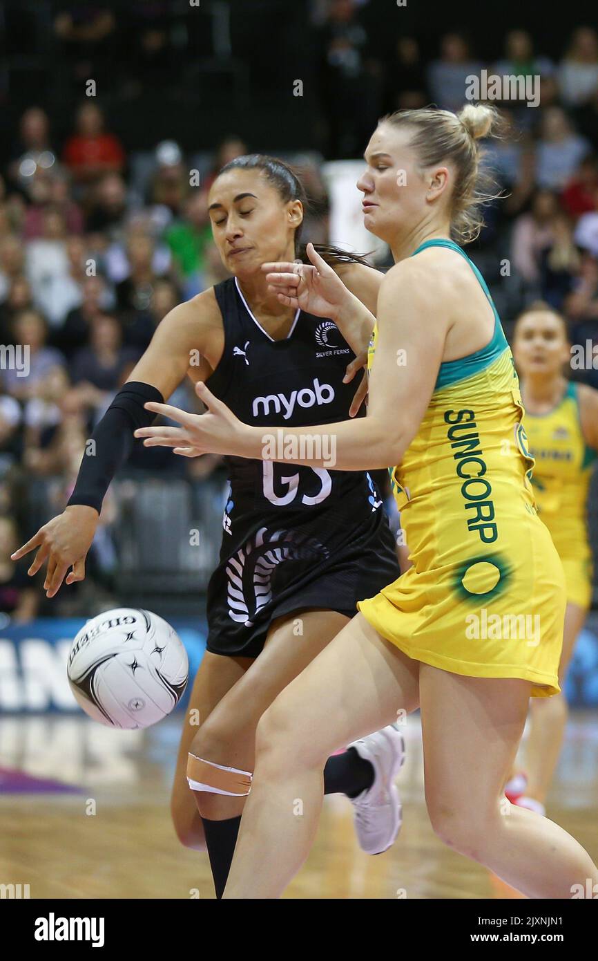 Maria Folau of New Zealand and Courtney Bruce of Australia challenge ...