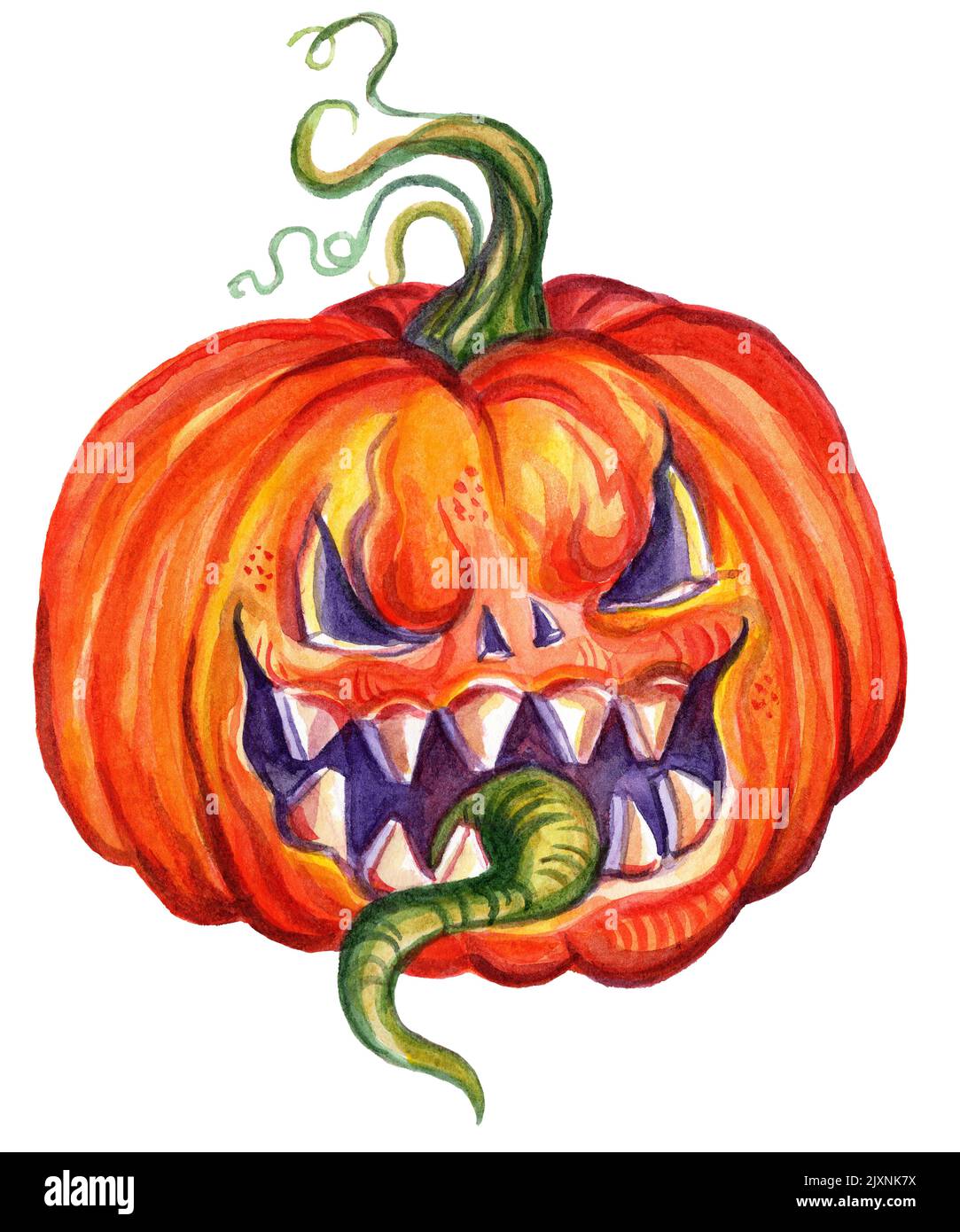 Watercolor illustration of scary Halloween pumpkin monster with sharp ...
