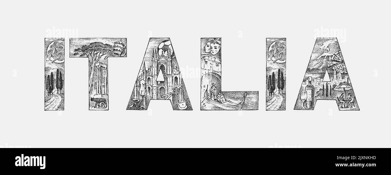 Lettering Italy in Italian. Inscription in vintage style. Alphabet ...