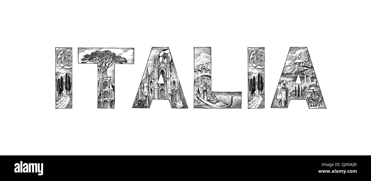 Lettering Italy in Italian. Inscription in vintage style. Alphabet ...