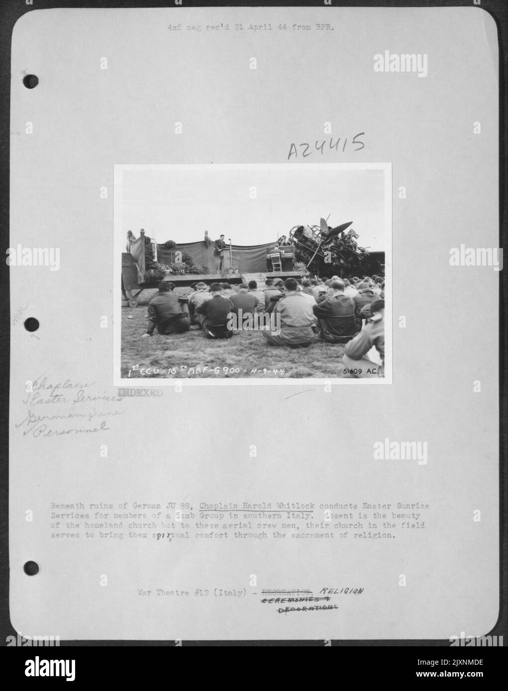 Beneath ruins of German JU 88, Chaplain Harold Whitlock conducts Easter ...