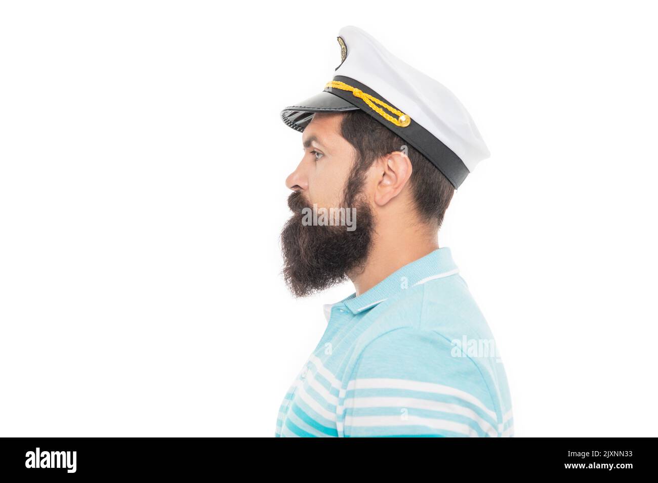 Bearded man profile portrait. Serious man wearing captain hat. Man ...