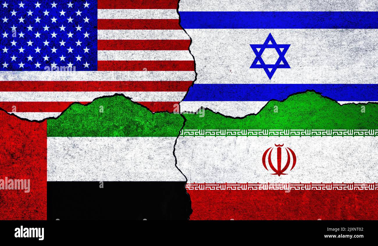 Flags of USA, Iran, United Arab Emirates and Israel on a wall. USA ...