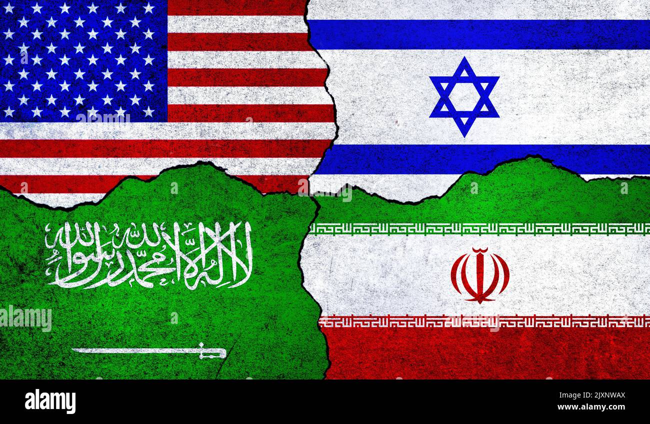 Flags of USA, Iran, Saudi Arabia and Israel on a wall. USA Israel Iran ...