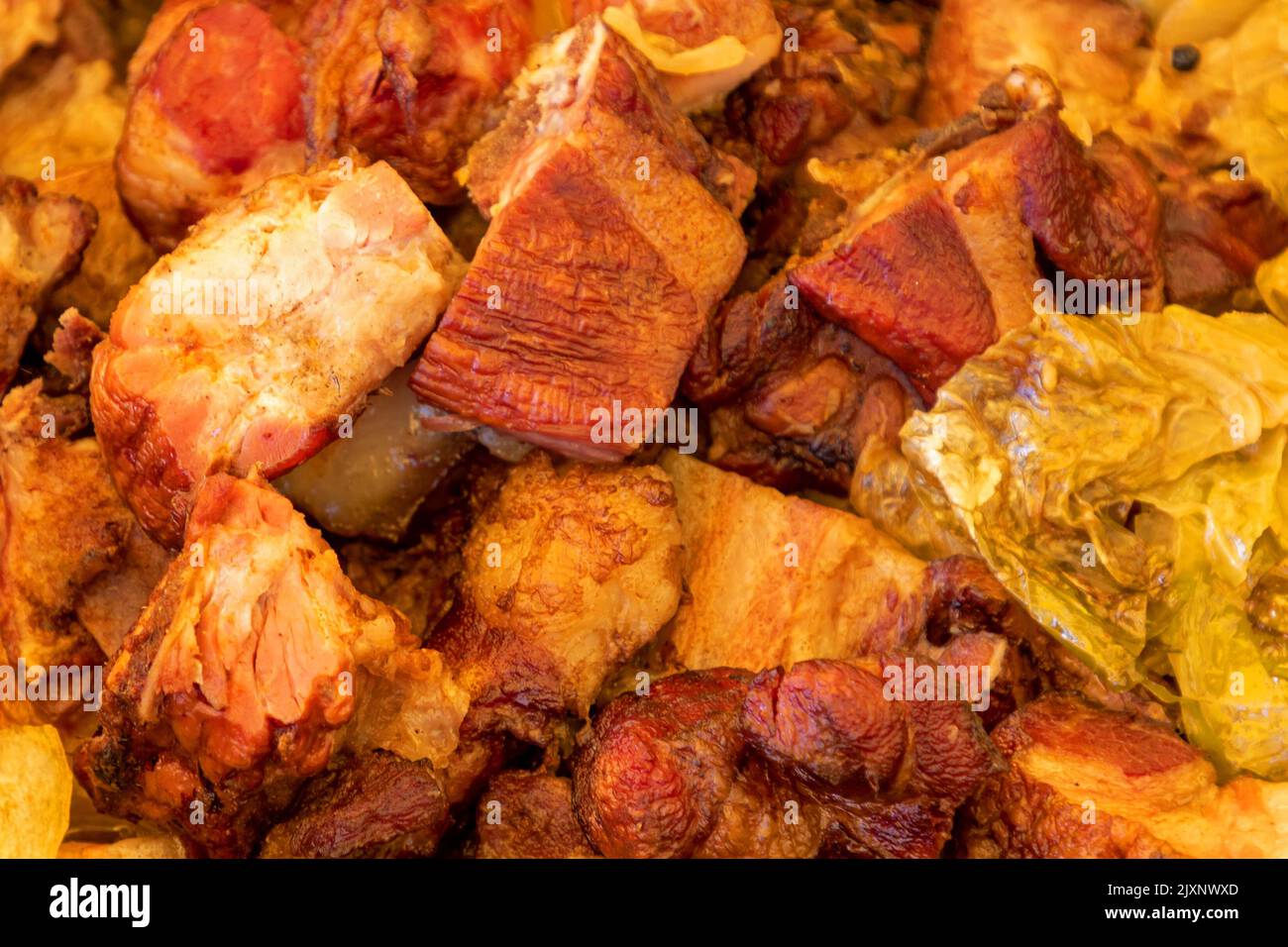 Detail of cooked meat and vegetables pile in cooking pot Stock Photo ...