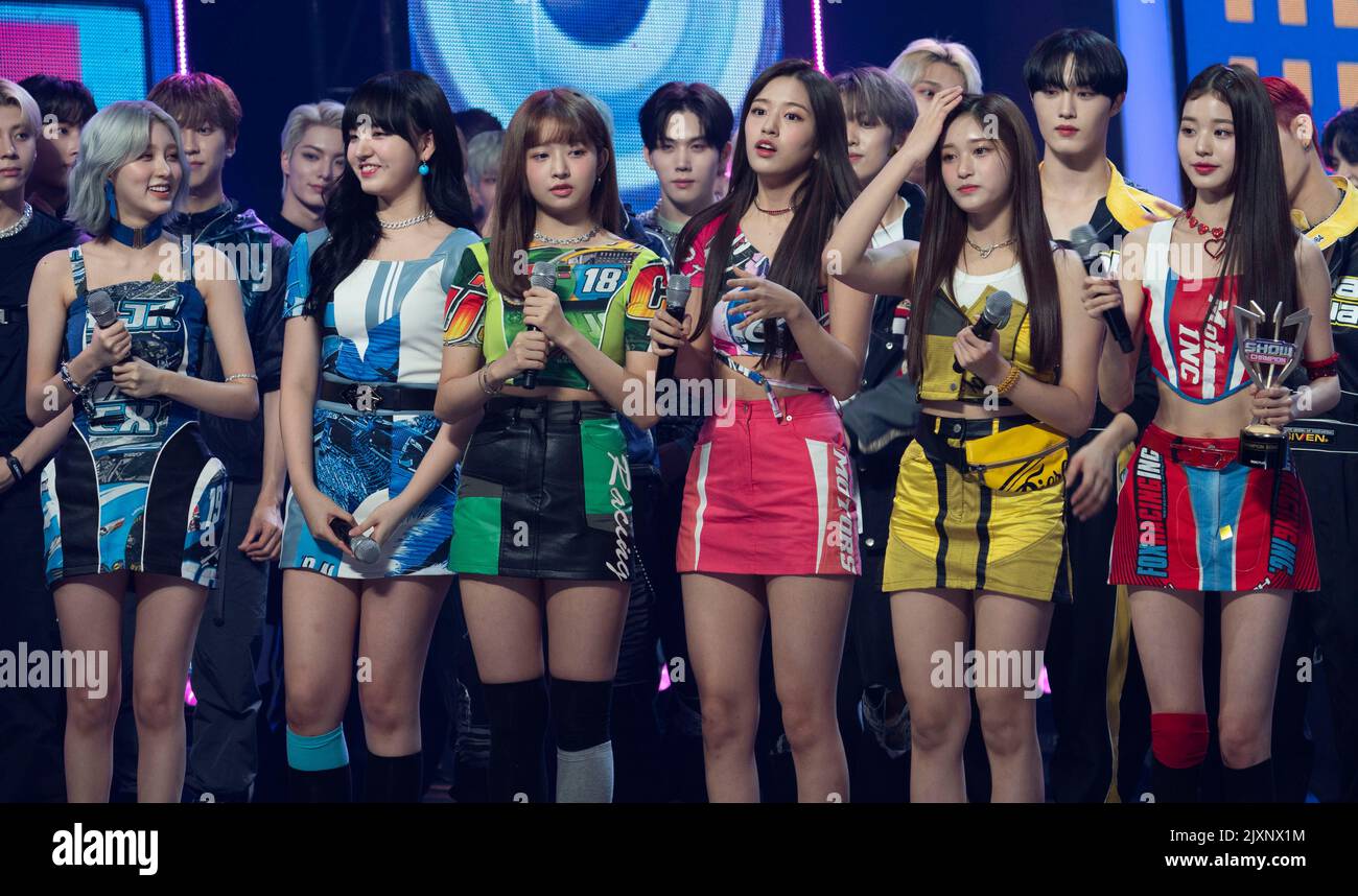 South Korean K-Pop girl group IVE, performs on the stage during a MBC TV K-Pop music chart ...