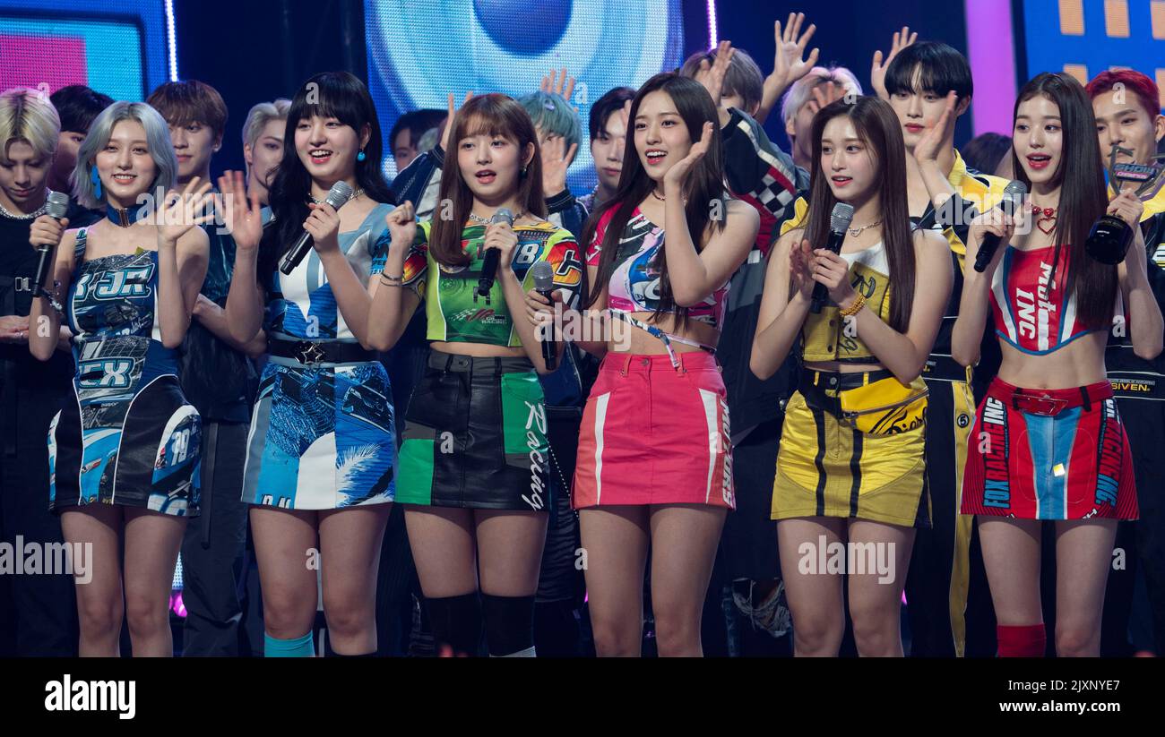 South Korean K-Pop girl group IVE, performs on the stage during a MBC ...