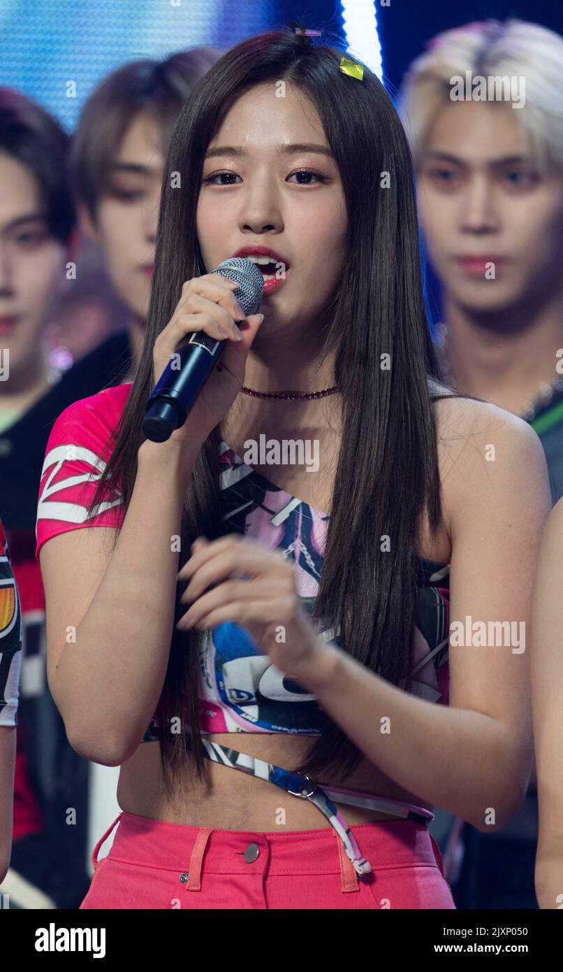 South Korean K-Pop girl group IVE, performs on the stage during a MBC TV K-Pop music chart ...