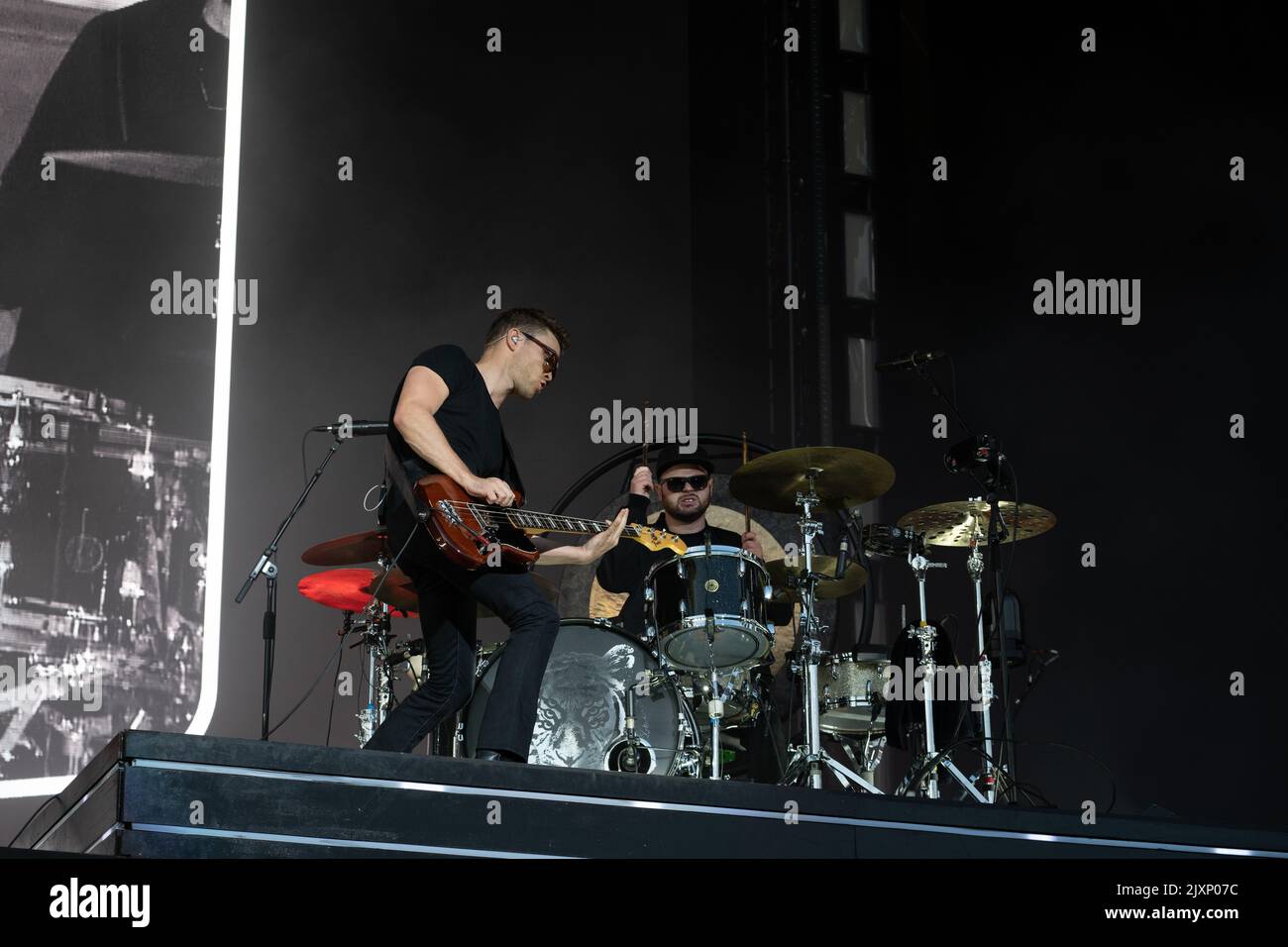 Royal Blood are seen playing on the main stage at the Leeds Festival ...