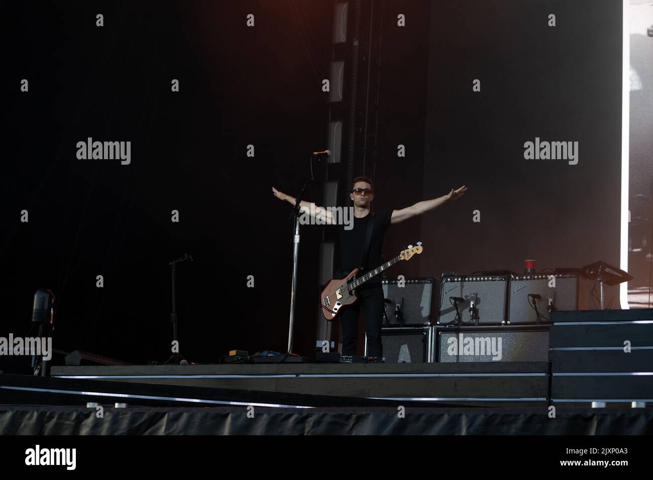 Royal Blood are seen playing on the main stage at the Leeds Festival ...