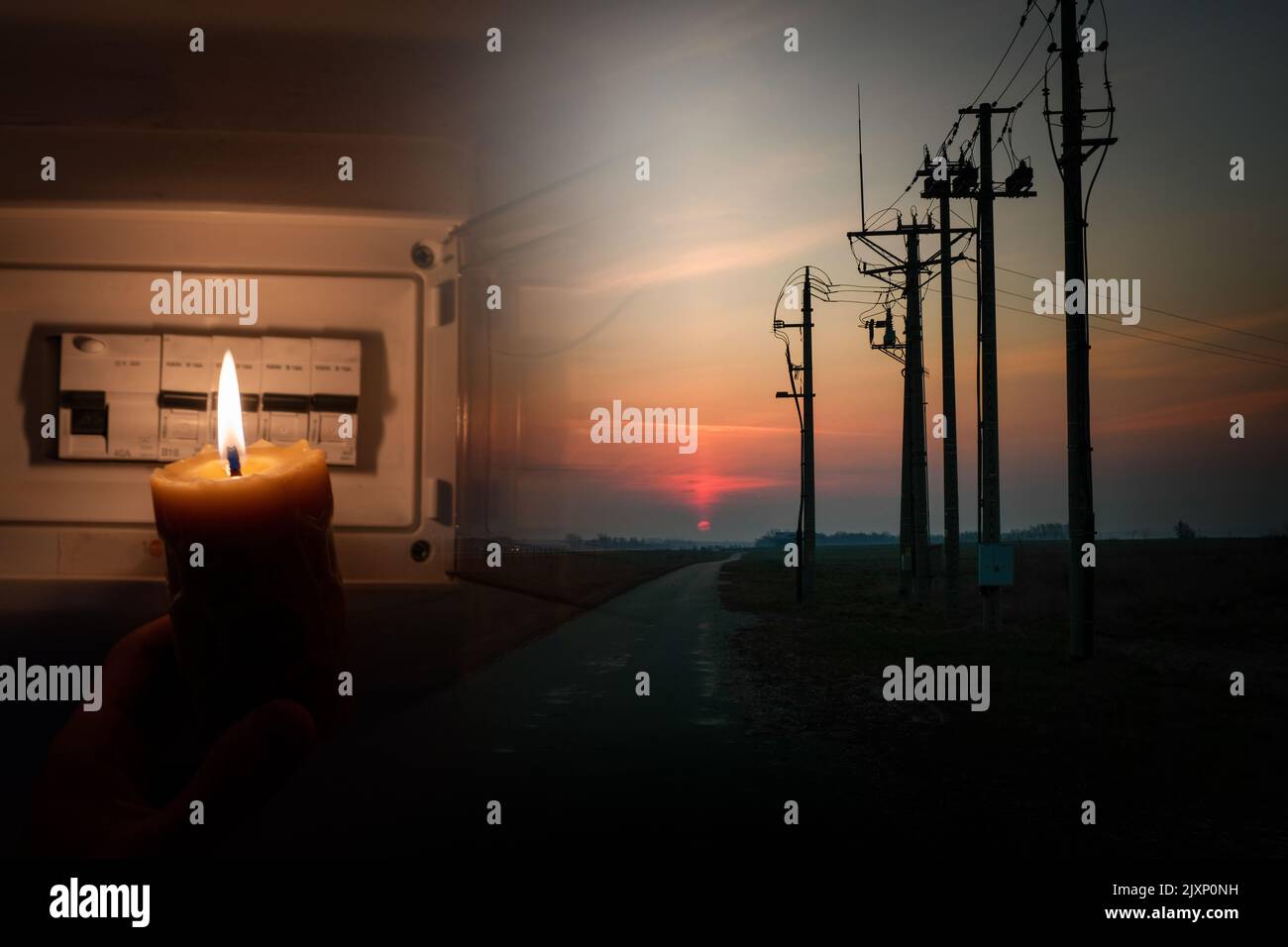 Blackout, power poles in the dark sky, power cut - no electricity, the ...