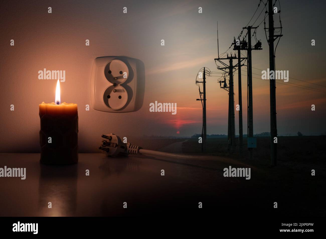 Blackout, power poles in the dark sky, power cut - no electricity, the ...