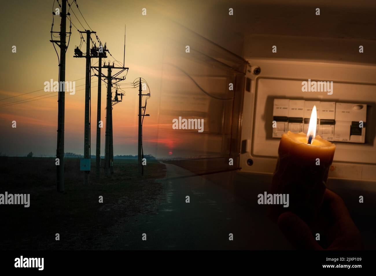 Blackout, power poles in the dark sky, power cut - no electricity, the ...