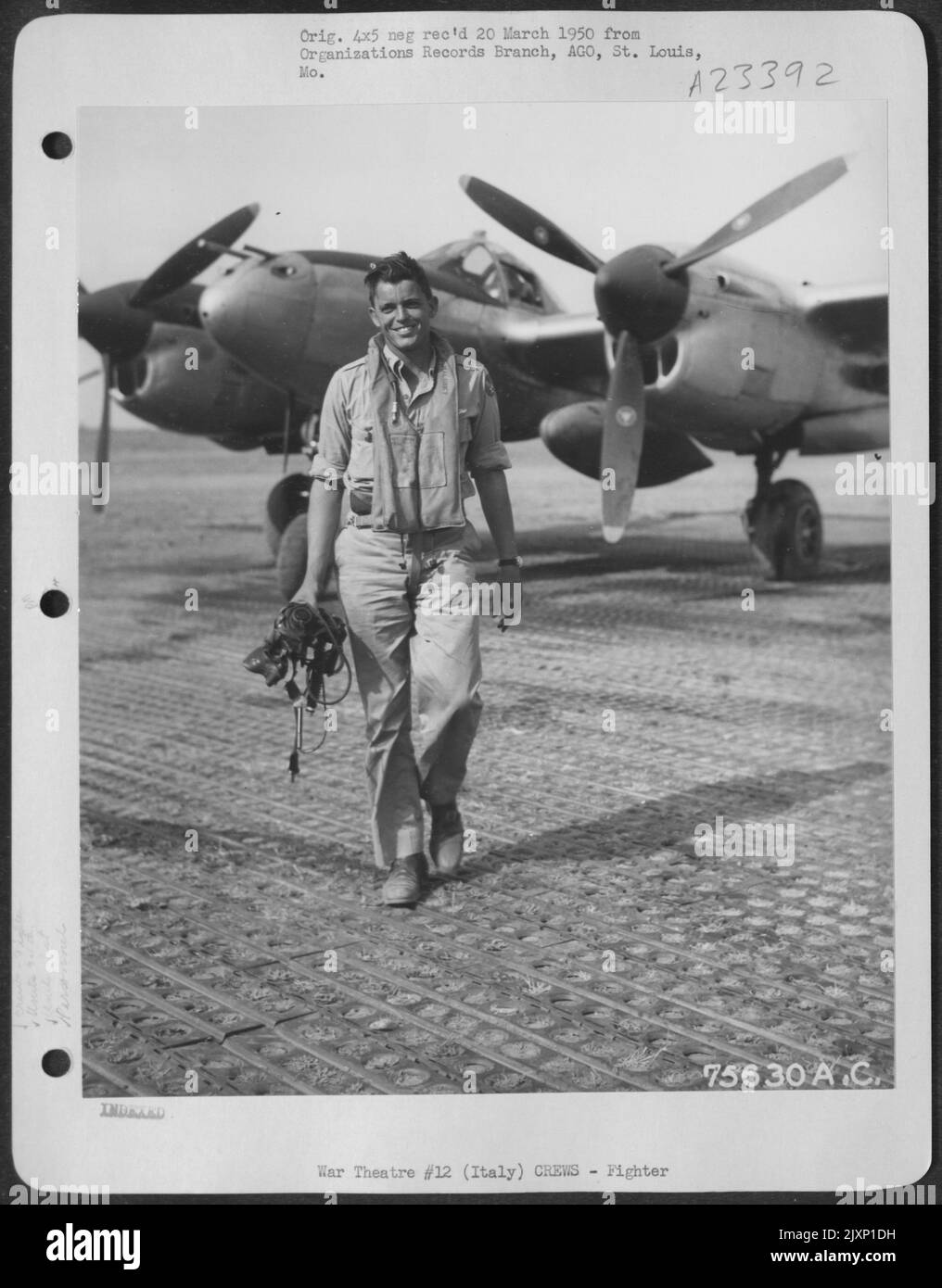 Lt. Hatch [?] Of The 94Th Fs, 1St Fg, Leaves His Lockheed P-38 Lightning After A Mission. Italy ...