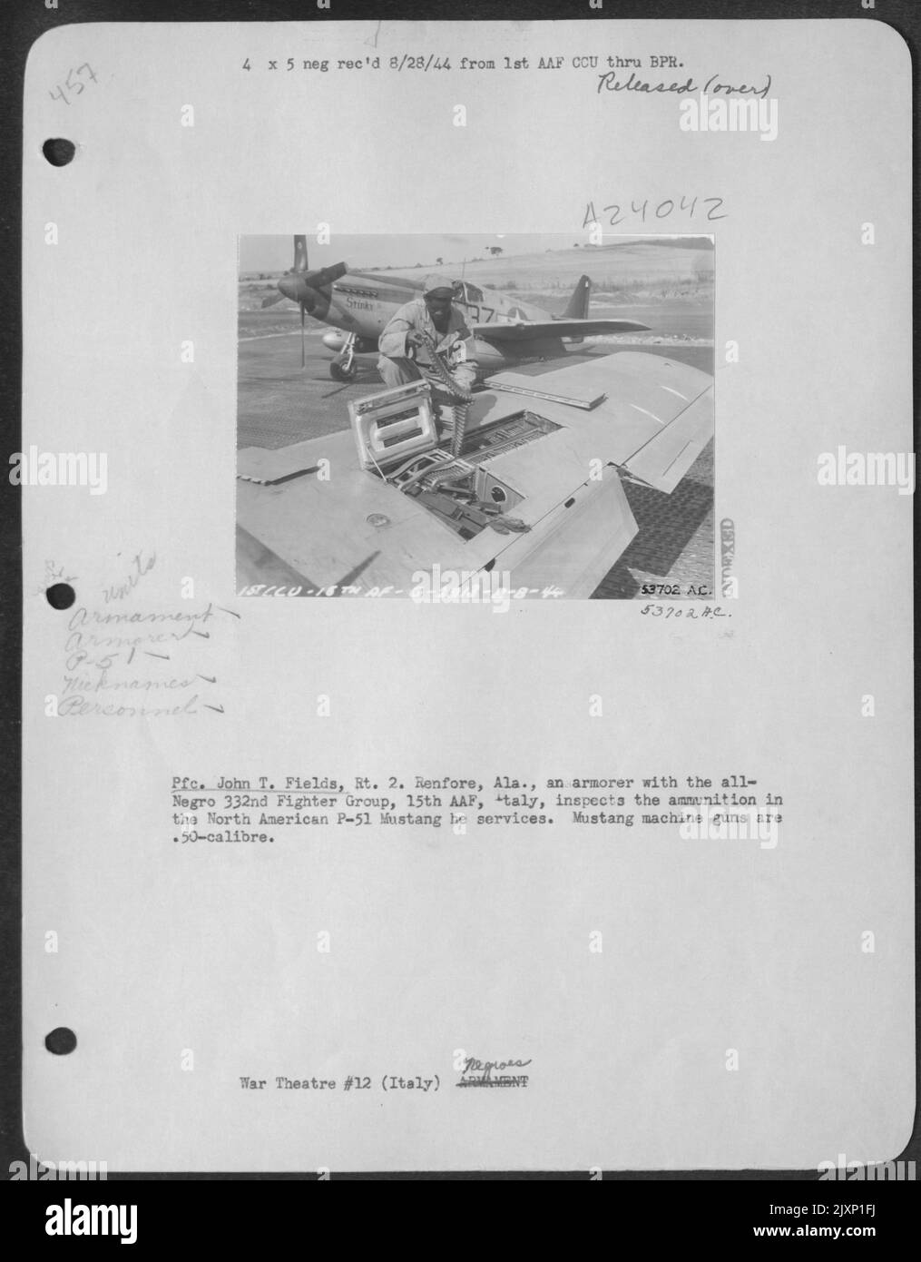 Pfc. John T. Fields, Rt. 2. Renfore, Ala., an armorer with the all ...