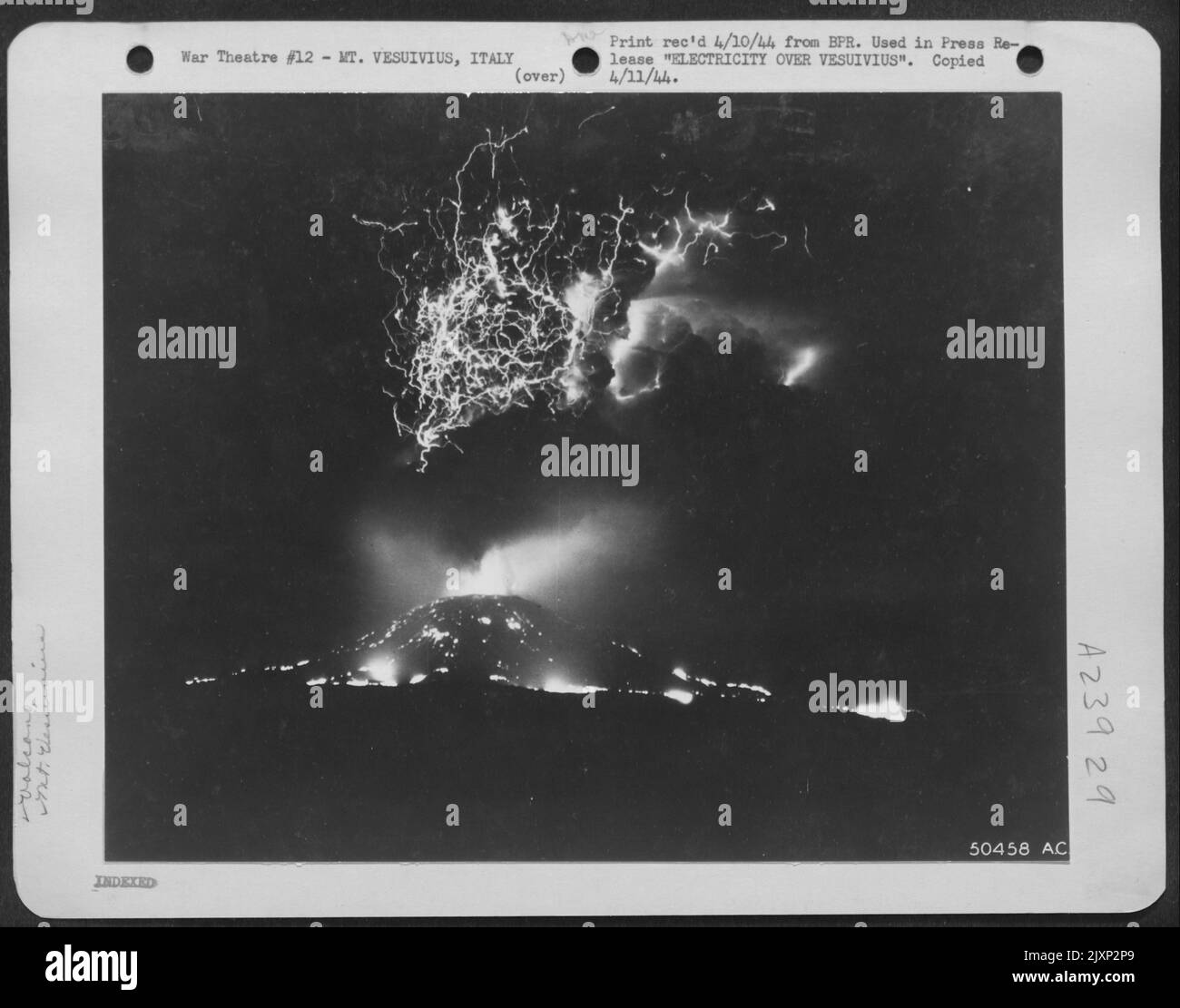 Night photo of Mt. Vesuvius in eruption, shows red hot lava streaming ...