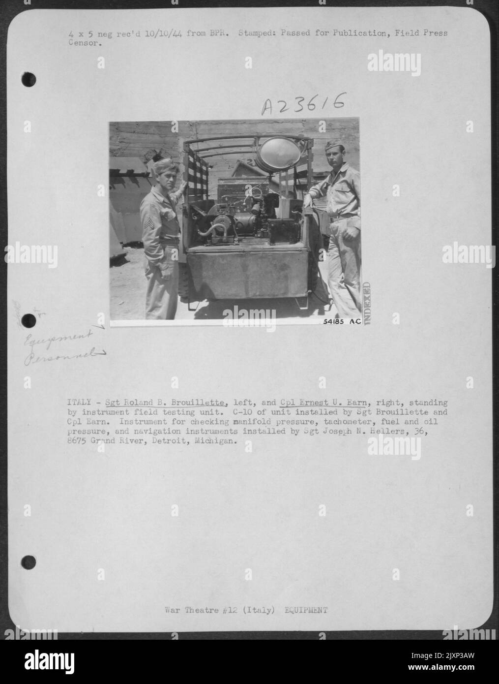 ITALY-Sgt Roland B. Brouillette, left and Cpt Ernest U. Earn, right ...