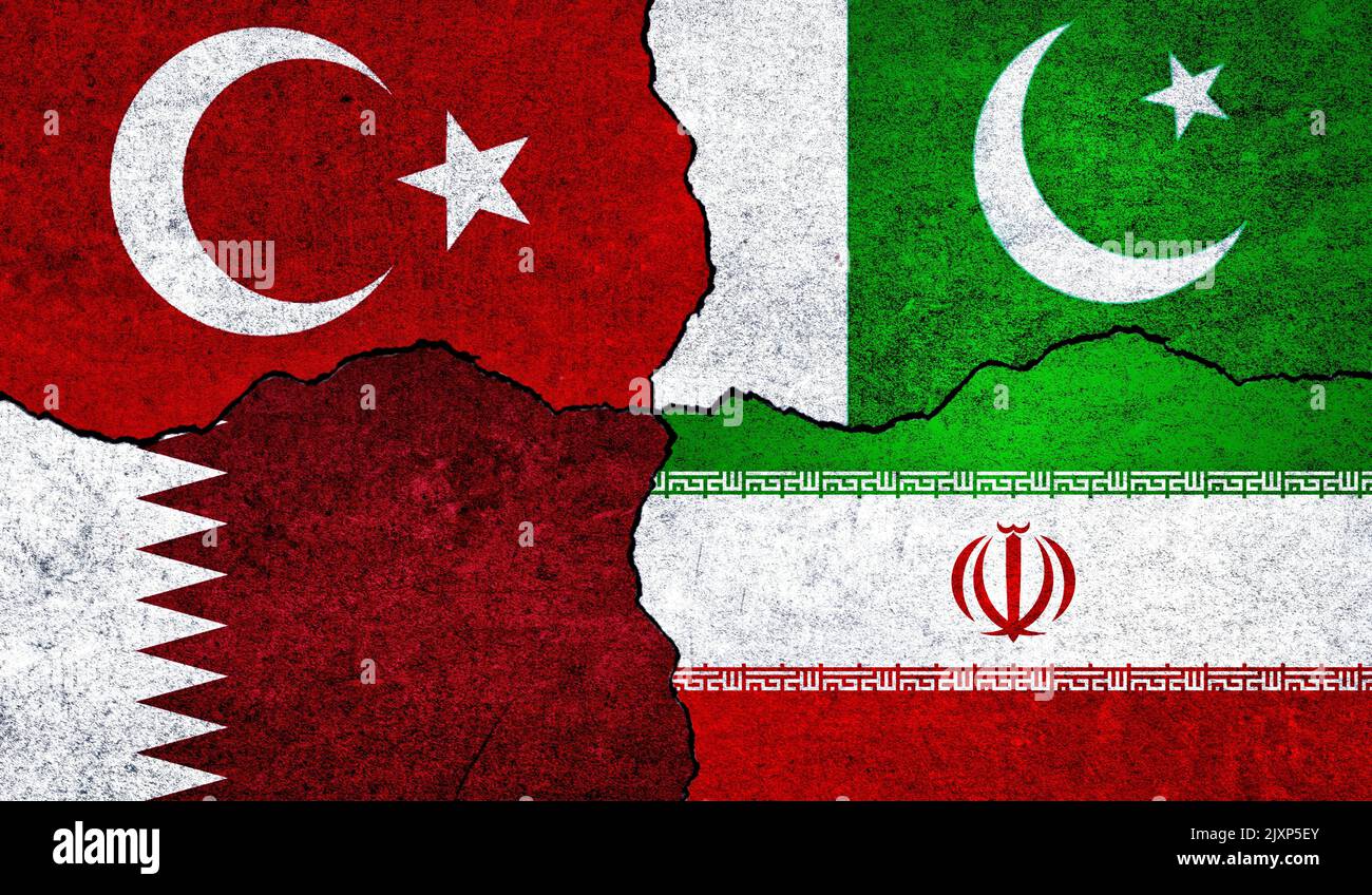 Flags of Iran, Pakistan, Turkey and Qatar on a wall. Pakistan Qatar ...