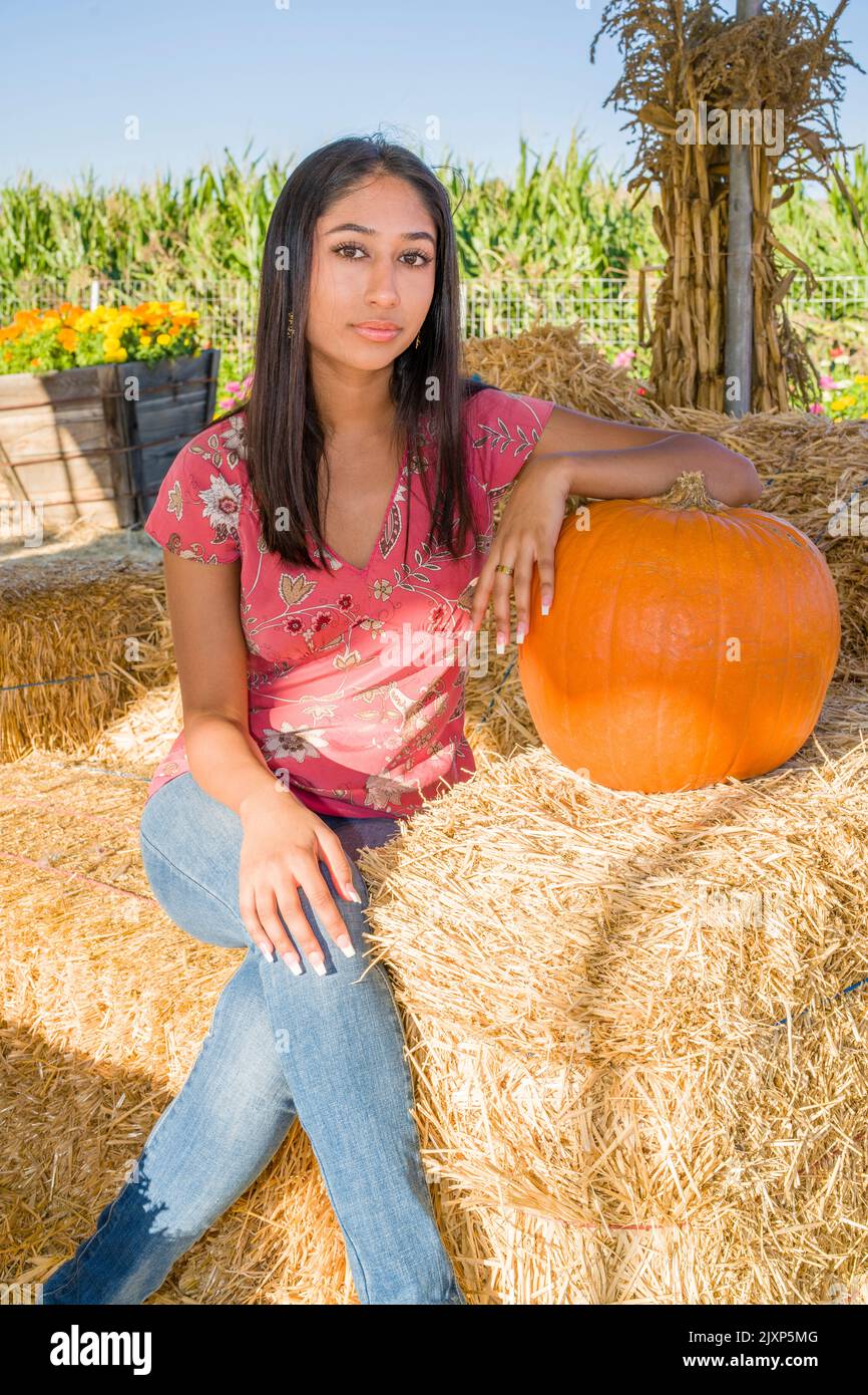 Fall Celebration Portrait of Young Asian Woman Seated on a Straw Chair ...