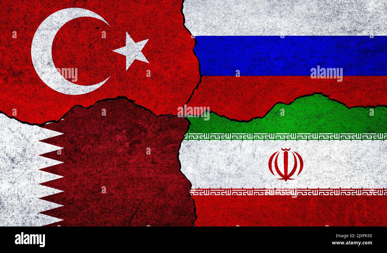 Flags of Iran, Russia, Turkey and Qatar on a wall. Russia Qatar Iran ...