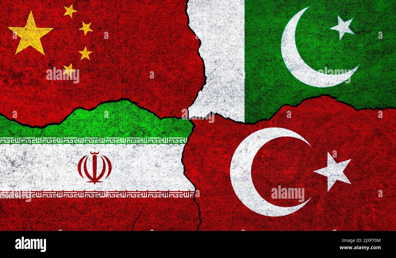 Flags of Iran, China, Turkey and Pakistan on a wall. China Pakistan ...