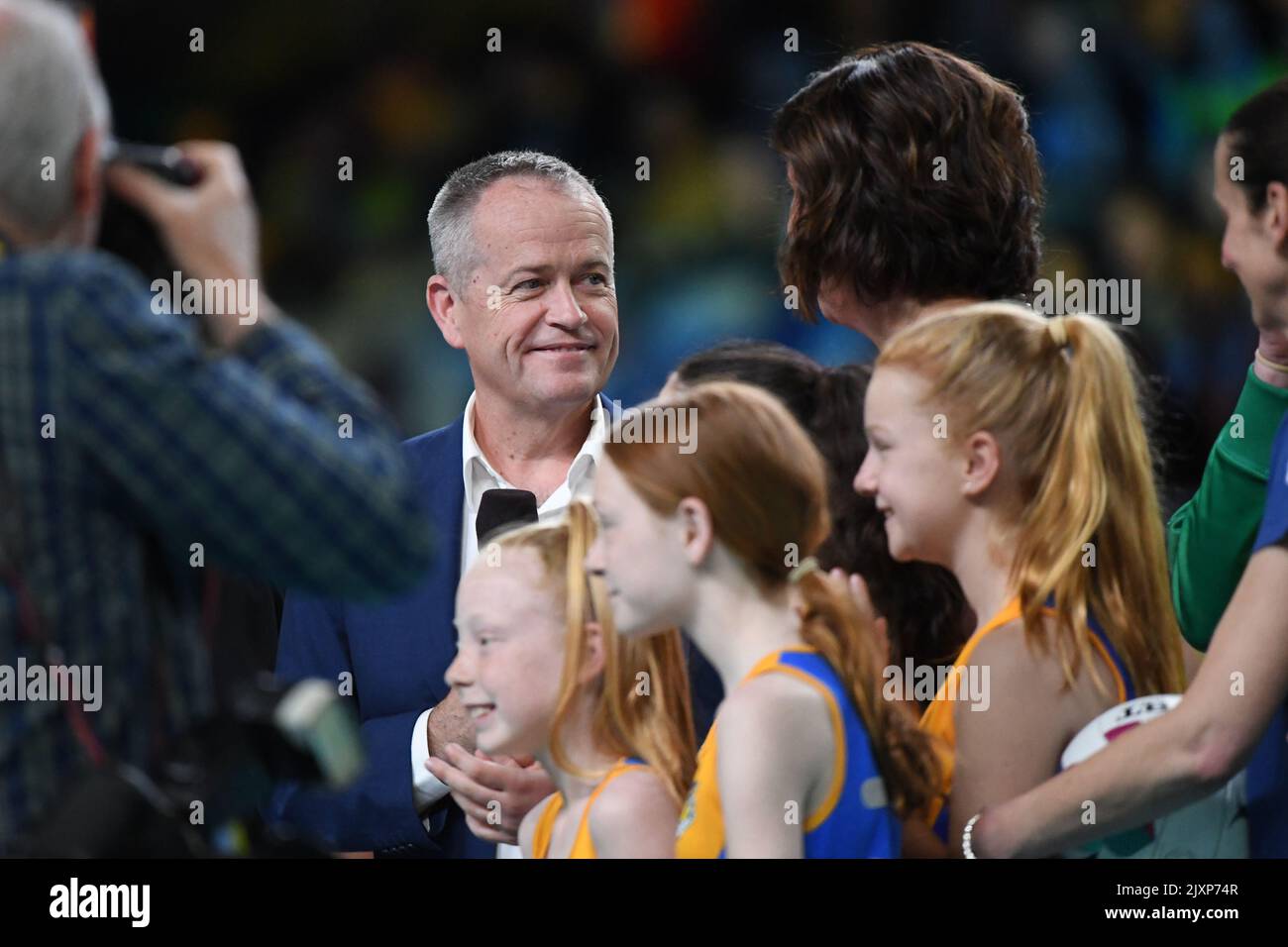 Leader of the opposition Bill Shorten (left) is seen during the Netball ...