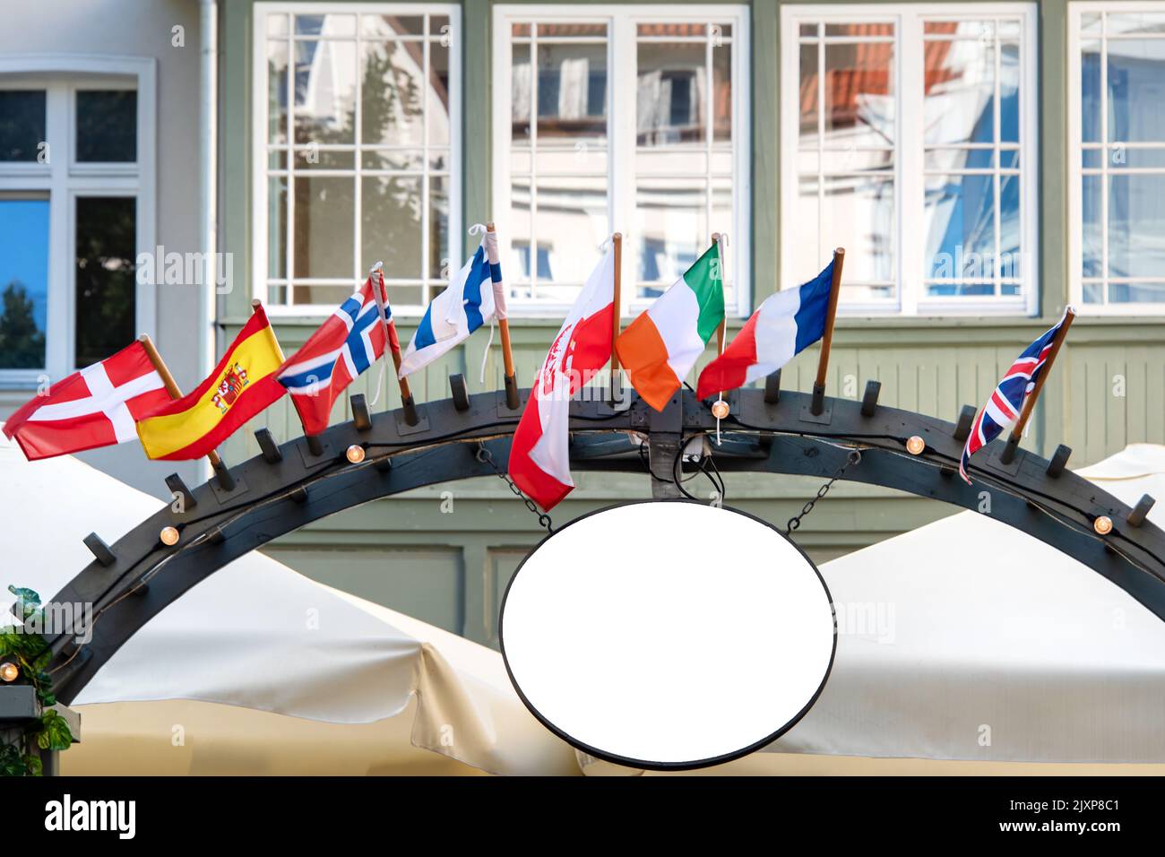 Street signage light box signboard with flags of Europe countries ...